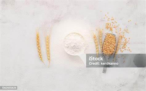 밀 귀 밀가루 올리브 오일이 있는 수제 피자 반죽의 재료는 흰색 콘크리트 배경에 설치되어 있습니다 상단 보기 및 복사 공간입니다
