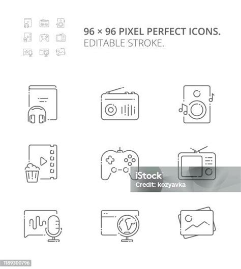 디지털 미디어 콘텐츠 카테고리 현대 벡터 얇은 라인 평면 디자인 아이콘과 픽토그램 세트 0명에 대한 스톡 벡터 아트 및 기타 이미지 0명 Brand Name Video