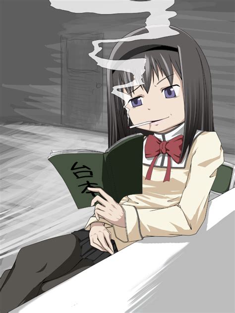 Safebooru 1girl Akemi Homura Black Hair Book Chair Cigarette Mahou