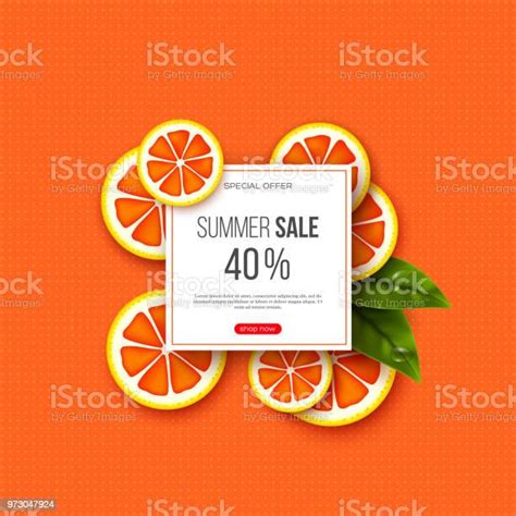 자 몽 슬라이스 조각 나뭇잎과 점선된 패턴 여름 판매 배너 오렌지 배경계절 할인 벡터 일러스트 레이 션에 대 한 템플릿 3차원 형태에 대한 스톡 벡터 아트 및 기타 이미지
