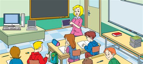컴퓨터 수업에서 초등학교 학생들을 돕는 교사 교실에 대한 스톡 벡터 아트 및 기타 이미지 교실 교육 공부 Istock