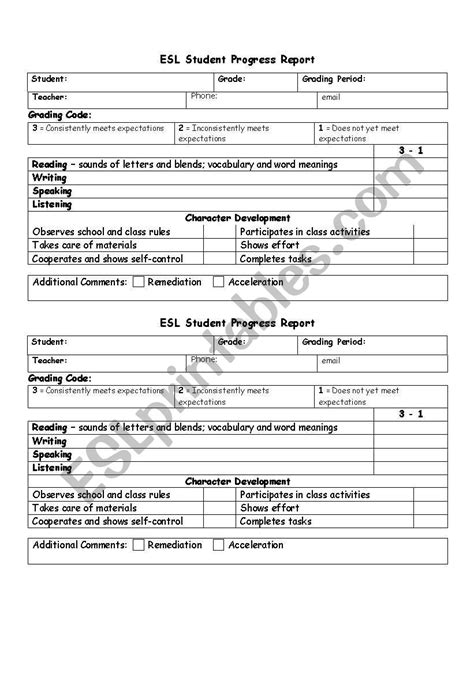 Elementary ESL Progress Report ESL Worksheet By Zmpmartin