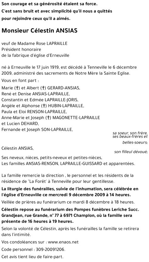 Avis De Décès De Célestin Ansias Décédé Le 06 12 2009 à Tenneville Annonce Condoléances