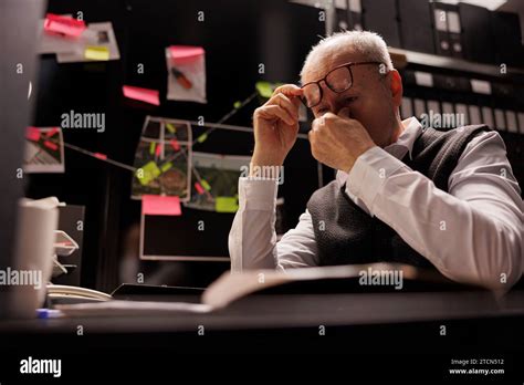 Overworked Old Investigator Analyzing Criminology Report Working Late At Night At Criminal Case