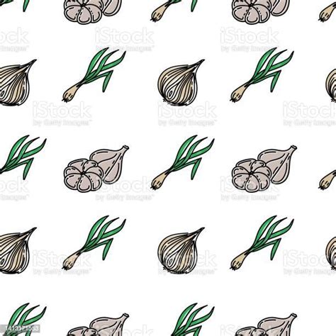 원활한 향신료 패턴 낙서 스타일로 그려진 요소 요리 주방 허브와 향신료 양파 마늘 및 녹색 양파 깃털 세련된 선형 스타일과 녹색 팔레트의 패턴 건강한 생활방식에 대한 스톡