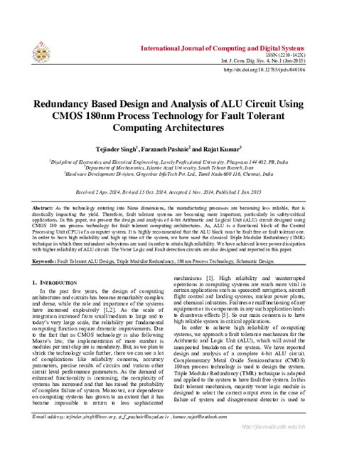 Pdf Redundancy Based Design And Analysis Of Alu Circuit Using Cmos