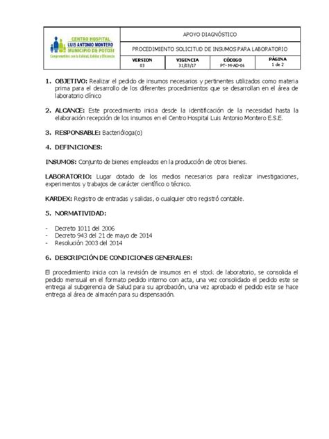 6procedimiento Solicitud De Insumos Pdf Laboratorios Bienestar