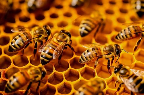Premium AI Image Closeup Of Bees In A Hive On Hive Frame With Nectar In Cells