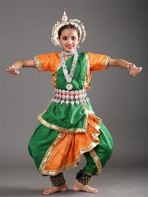 Ready To Wear Girls Odissi Dance Cross Fan Green Orange Costume The Dance Bible