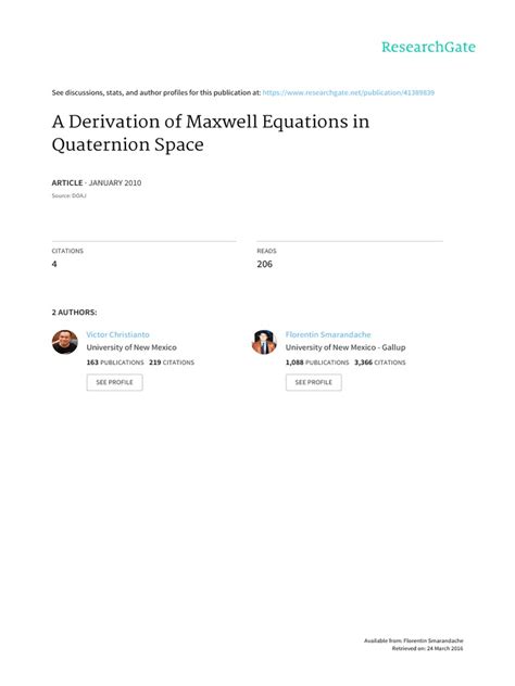 A Derivation Of Maxwell Equations In Quaternion Space Pdf Pdf