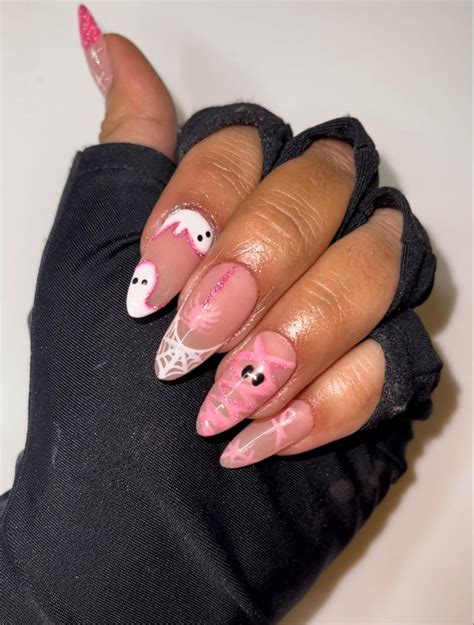 Pink Halloween Nails Mummy Nails Spider Web Nails Ghost Nails