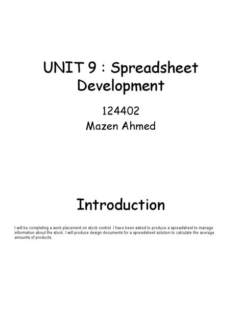 Unit 9 Spreadsheet Development Assignment 1 Template 1 Pdf