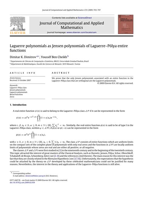 Pdf Laguerre Polynomials As Jensen Polynomials Of Laguerrepólya Entire Functions