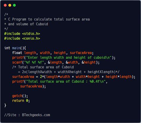 C Program To Calculate Volume And Total Surface Area Of Cuboid Btech