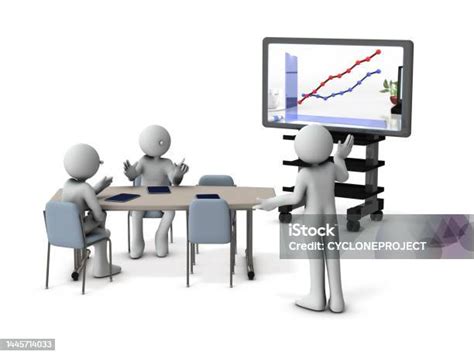 대형 디스플레이에서 데이터를 보면서 회의를 하는 세 명의 사업가 회의 테이블의 태블릿 단말기도 사용됩니다 활발한 토론과 검증 흰색 배경입니다 3d 렌더링 3 명에 대한 스톡