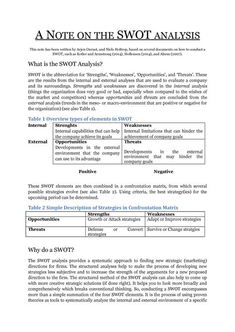 A Note On The SWOT Analysis A N OTE ON THE SWOT ANALYSIS This Note