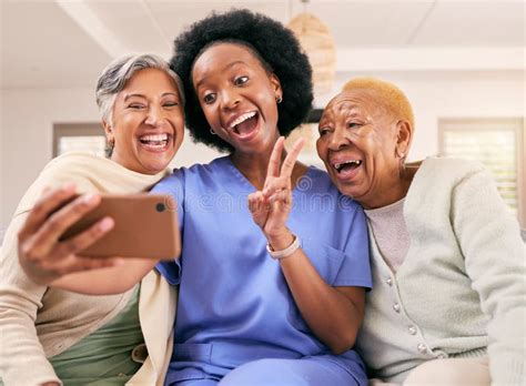Selfie Caregiver And Senior Women With Peace Sign For Social Media