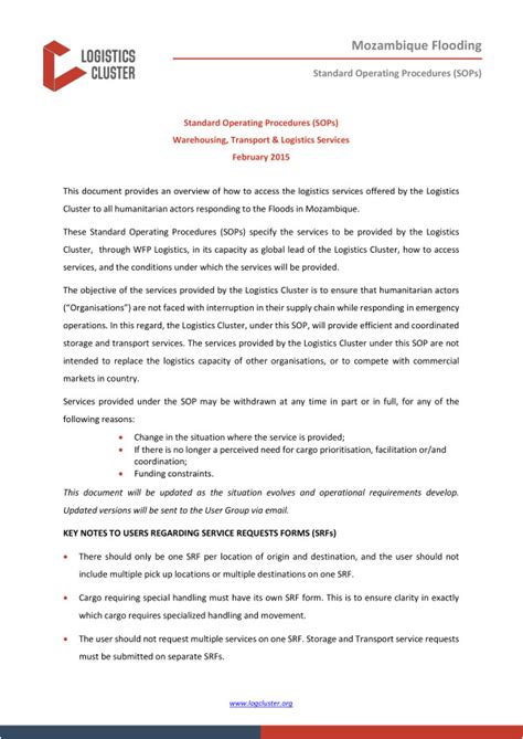 Warehouse Standard Operating Procedures Template Williamson Ga Us