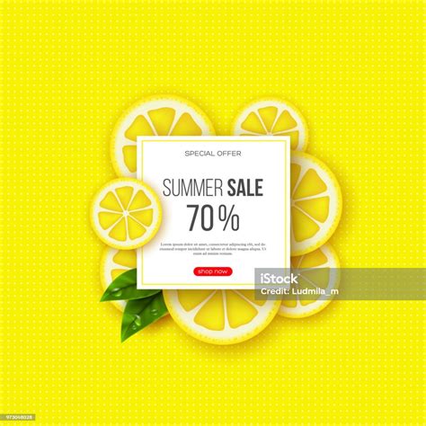 슬라이스 레몬 조각 나뭇잎과 점선된 패턴 여름 판매 배너 노란색 배경계절 할인 벡터 일러스트 레이 션에 대 한 템플릿 3차원 형태에 대한 스톡 벡터 아트 및 기타 이미지