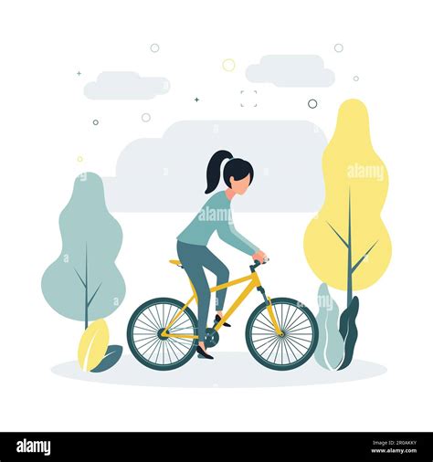 Vector Illustration A Woman Rides A Bicycle On A Background Of Trees