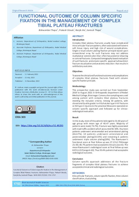 Pdf Functional Outcome Of Column Specific Fixation In The Management Of Complex Tibial Plateau