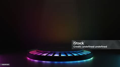 어두운 배경에 둥글고 다채로운 빛이 있는 블랙 받침대 계단의 3d 렌더링 그림 디지털 프레젠테이션을 위한 이미지입니다 0명에 대한 스톡 사진 및 기타 이미지 Istock