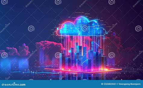 Abstract Futuristic Cityscape With A Glowing Cloud Symbol Representing Data And Technology Stock