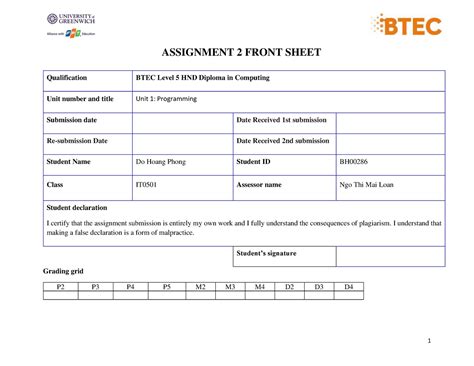 Assignment Programming 2 Assignment 2 Front Sheet Qualification Btec Level 5 Hnd Diploma In