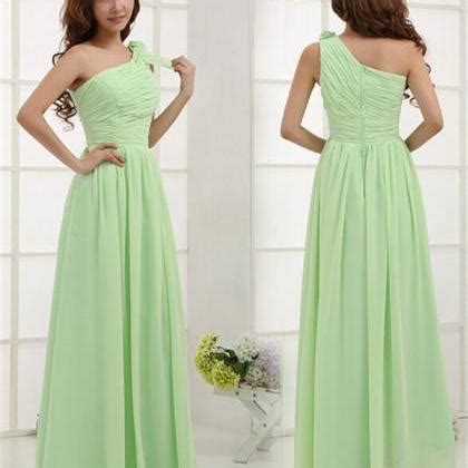 Long Mint Green Bridesmaid Dress One Shoulder A Line Pleated Chiffon