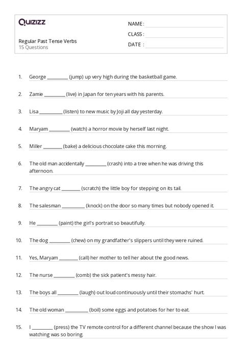 50 Past Tense Verbs Worksheets For 6th Class On Quizizz Free And Printable