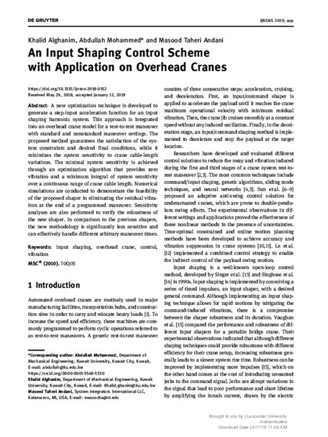 Pdf An Input Shaping Control Scheme With Application On Overhead Cranes