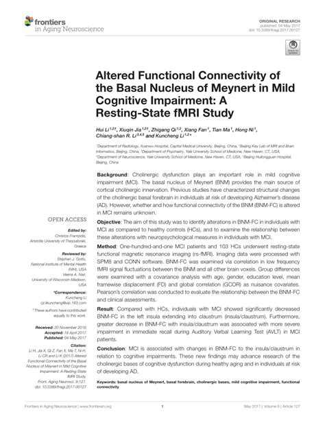 PDF Altered Functional Connectivity Of The Basal Nucleus Of Meynert