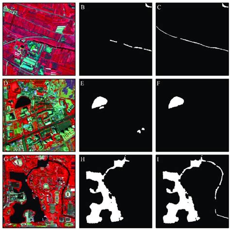 column 1 false color images column 2 detected water bodies before