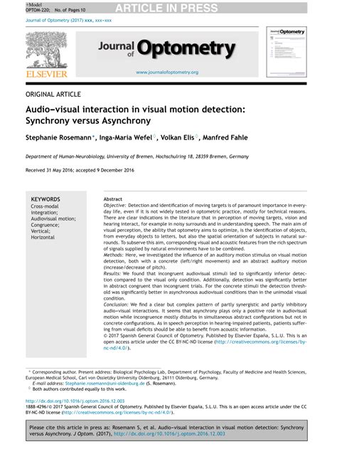 Pdf Audiovisual Interaction In Visual Motion Detection Synchrony