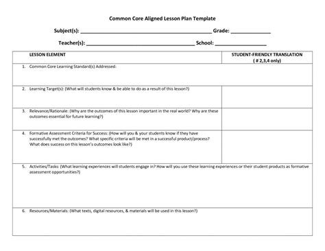 Common Core Lesson Plan Template Lesson Plan Templates Lesson Plans Learning