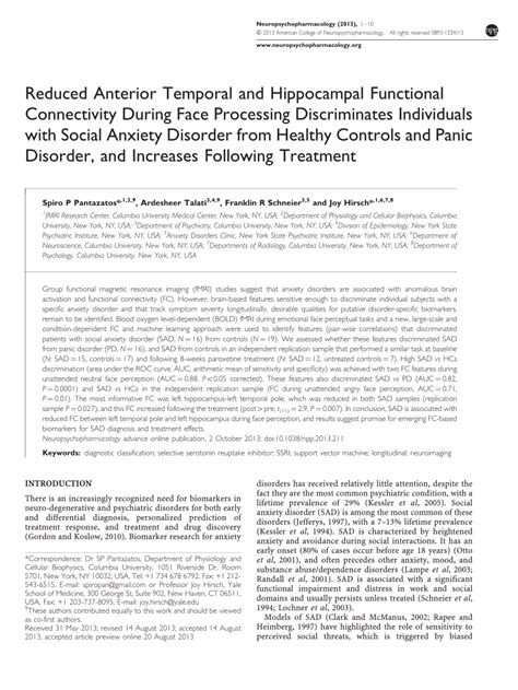 Pdf Reduced Anterior Temporal And Hippocampal Functional Connectivity During Face Processing