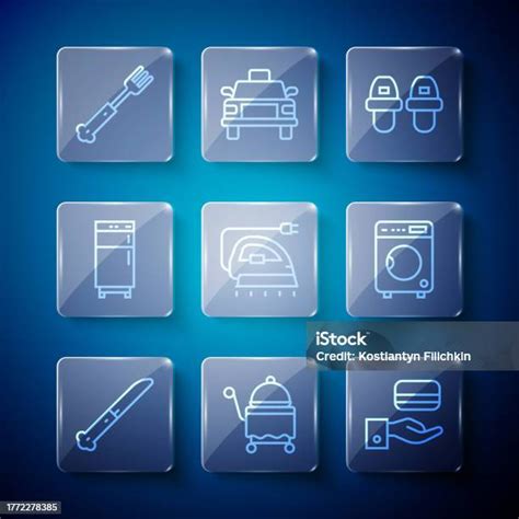 세트 라인 나이프 트레이로 덮여 있습니다 디지털 도어록 호텔 슬리퍼 전기 다리미 냉장고 포크 및 세탁기 아이콘 벡터 가리기에 대한 스톡 벡터 아트 및 기타 이미지 Istock