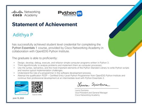 Adithya P On Linkedin Certified Python Skillsforall Cisco