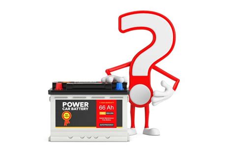 물음표 기호 만화 캐릭터 사람 마스코트 및 충전식 자동차 배터리 12v 축전지 추상 레이블 3d 렌더링 프리미엄 사진