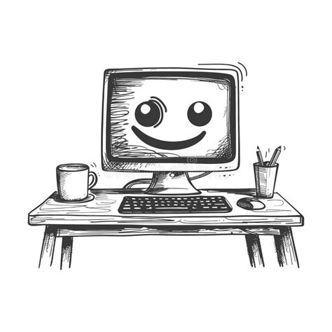 Happy Computer On Desk Sketch Style Illustration Stock Vector