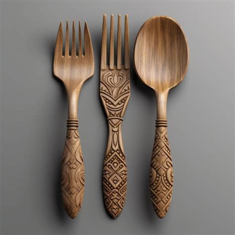 Premium Ai Image A Wooden Spoon And Fork Set With Intricate Patterns