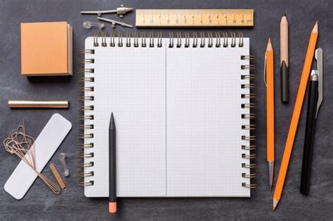 Top View Of Blank Notebook And Tools Premium Ai Generated Image