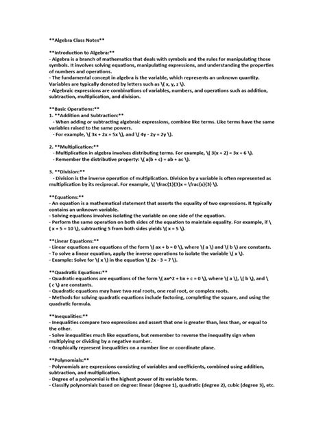 Algebra Notes Pdf