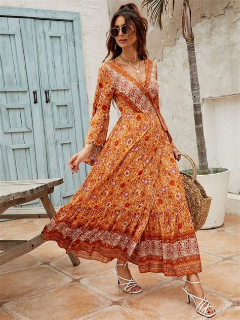 Shein Vcay Floral Print Bell Sleeve Tie Front Wrap Dress Boho Dress