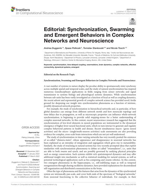 PDF Editorial Synchronization Swarming And Emergent Behaviors In Complex Networks And