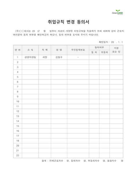 표준 취업규칙 변경 동의서작성방법 포함 비즈폼 샘플양식 다운로드