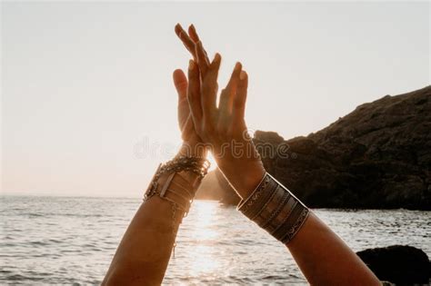 Woman Sea Yoga Happy Woman In White Swimsuit And Boho Style Braclets Practicing Outdoors On