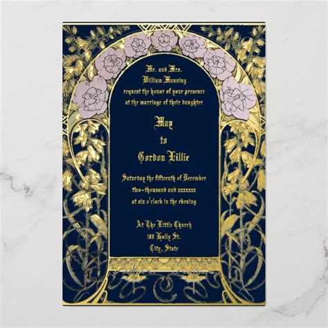 Art Nouveau Pink Floral Border By Alphonse Mucha Foil Invitation Zazzle