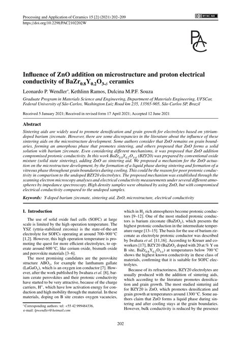 Pdf Influence Of Zno Addition On Microstructure And Proton Electrical Conductivity Of Bazr0