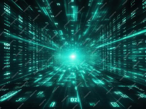Teal Abstract Binary Code Background With Glowing Light Rays And